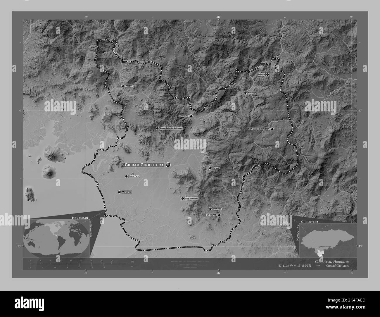 Choluteca, department of Honduras. Grayscale elevation map with lakes ...
