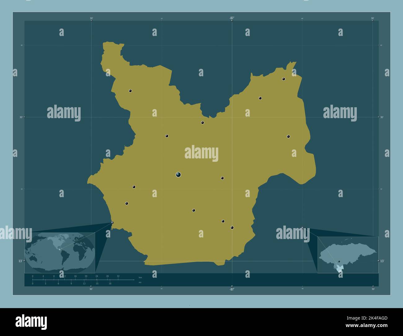 Choluteca, department of Honduras. Solid color shape. Locations of ...