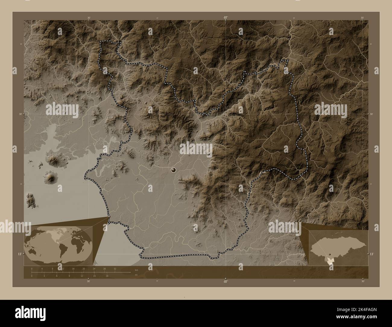 Choluteca, department of Honduras. Elevation map colored in sepia tones ...
