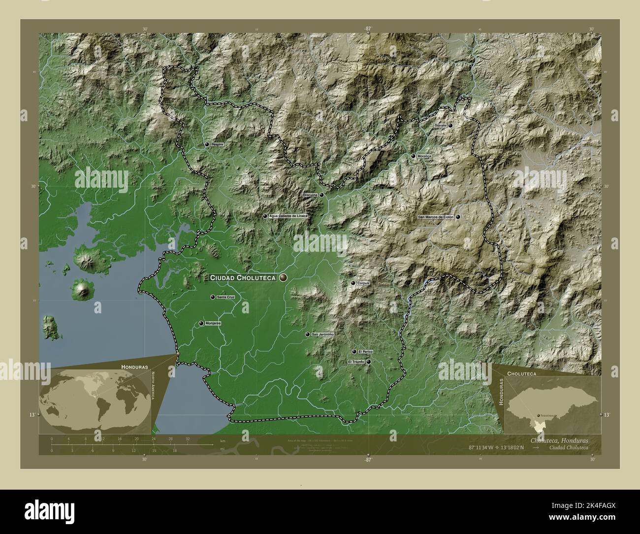Choluteca, department of Honduras. Elevation map colored in wiki style ...