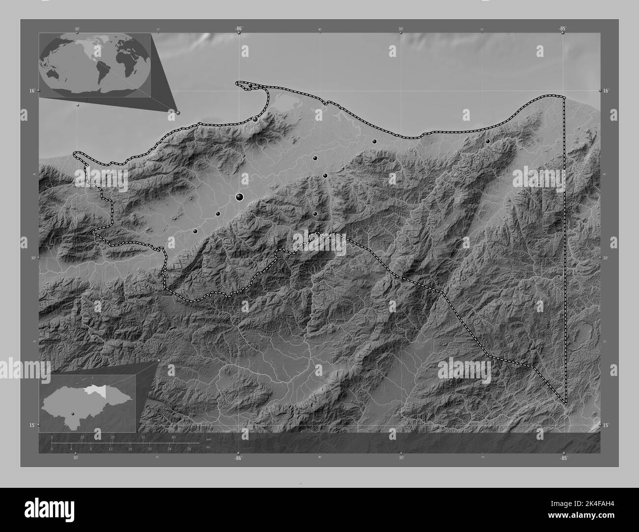 Colon, department of Honduras. Grayscale elevation map with lakes and ...