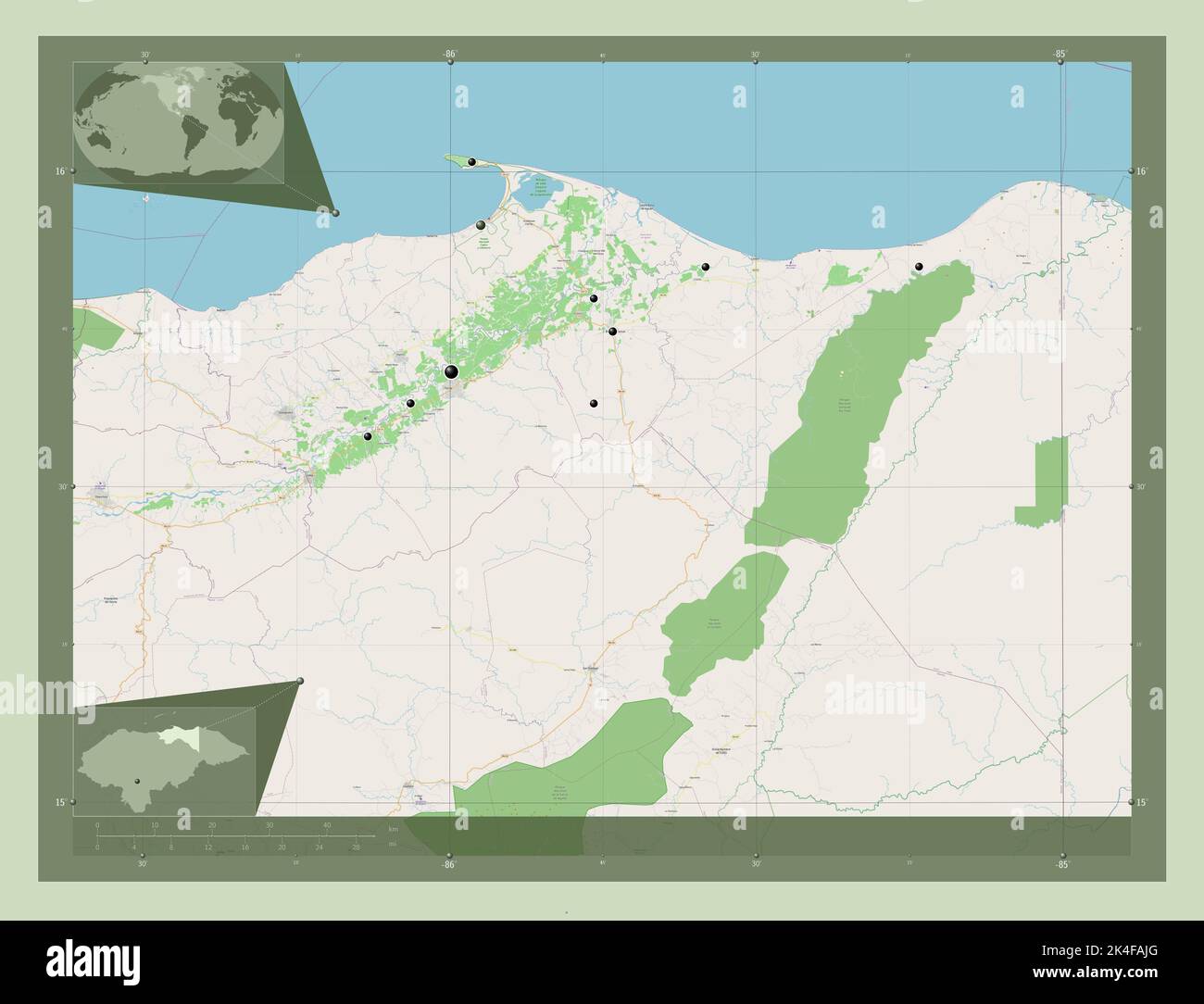 Colon, department of Honduras. Open Street Map. Locations of major ...
