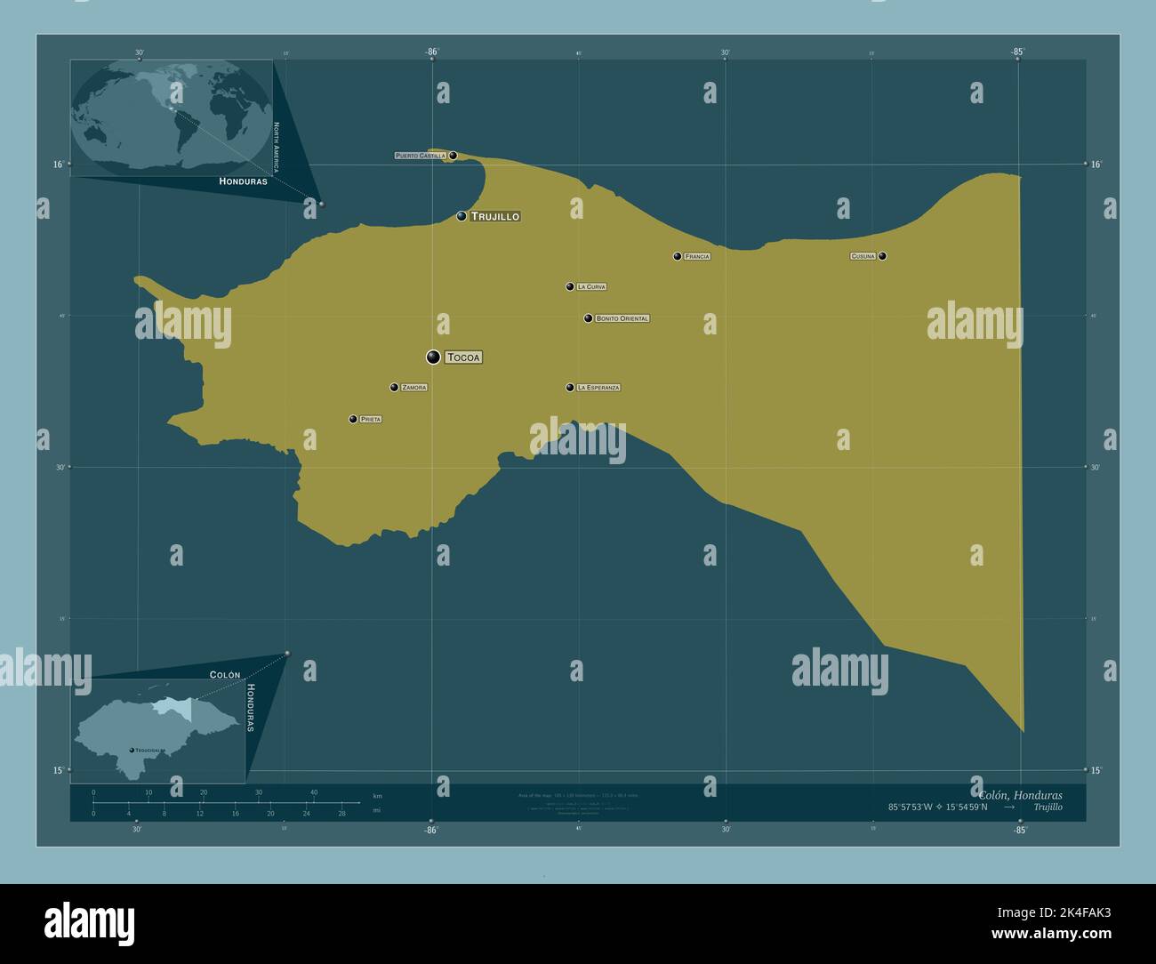 Colon, department of Honduras. Solid color shape. Locations and names ...
