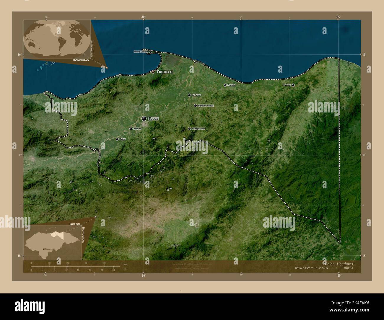 Colon, department of Honduras. Low resolution satellite map. Locations ...