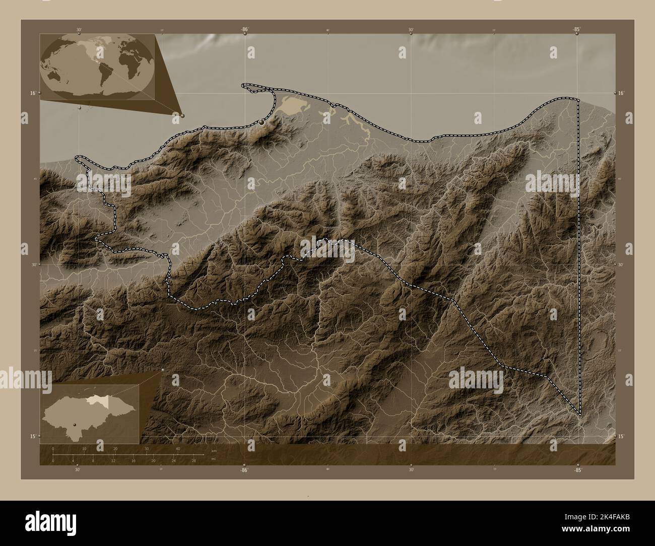 Colon, department of Honduras. Elevation map colored in sepia tones ...
