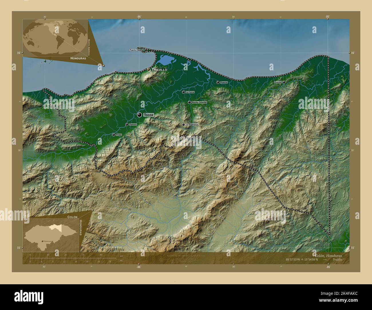Colon, department of Honduras. Colored elevation map with lakes and ...