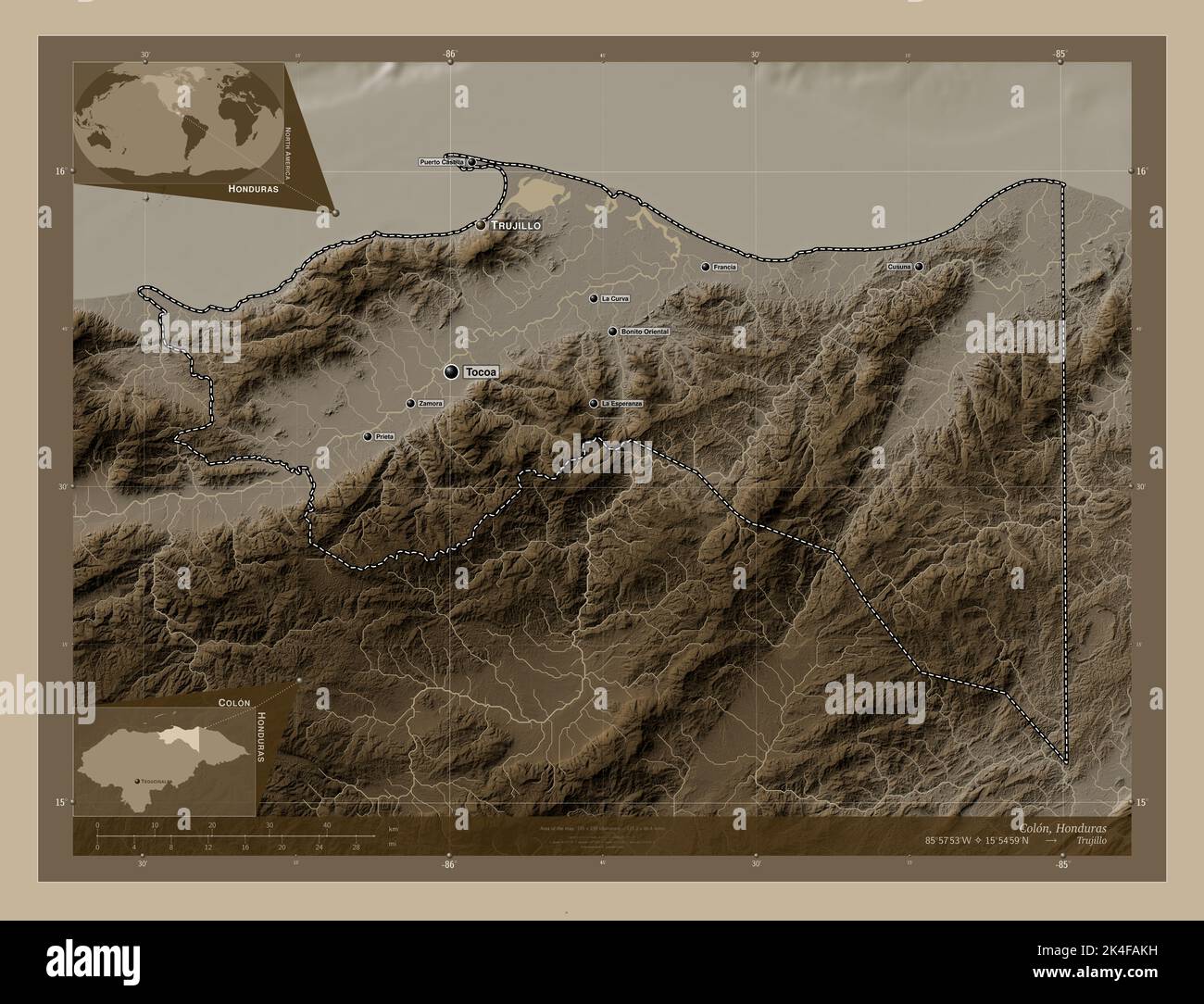Colon, department of Honduras. Elevation map colored in sepia tones ...