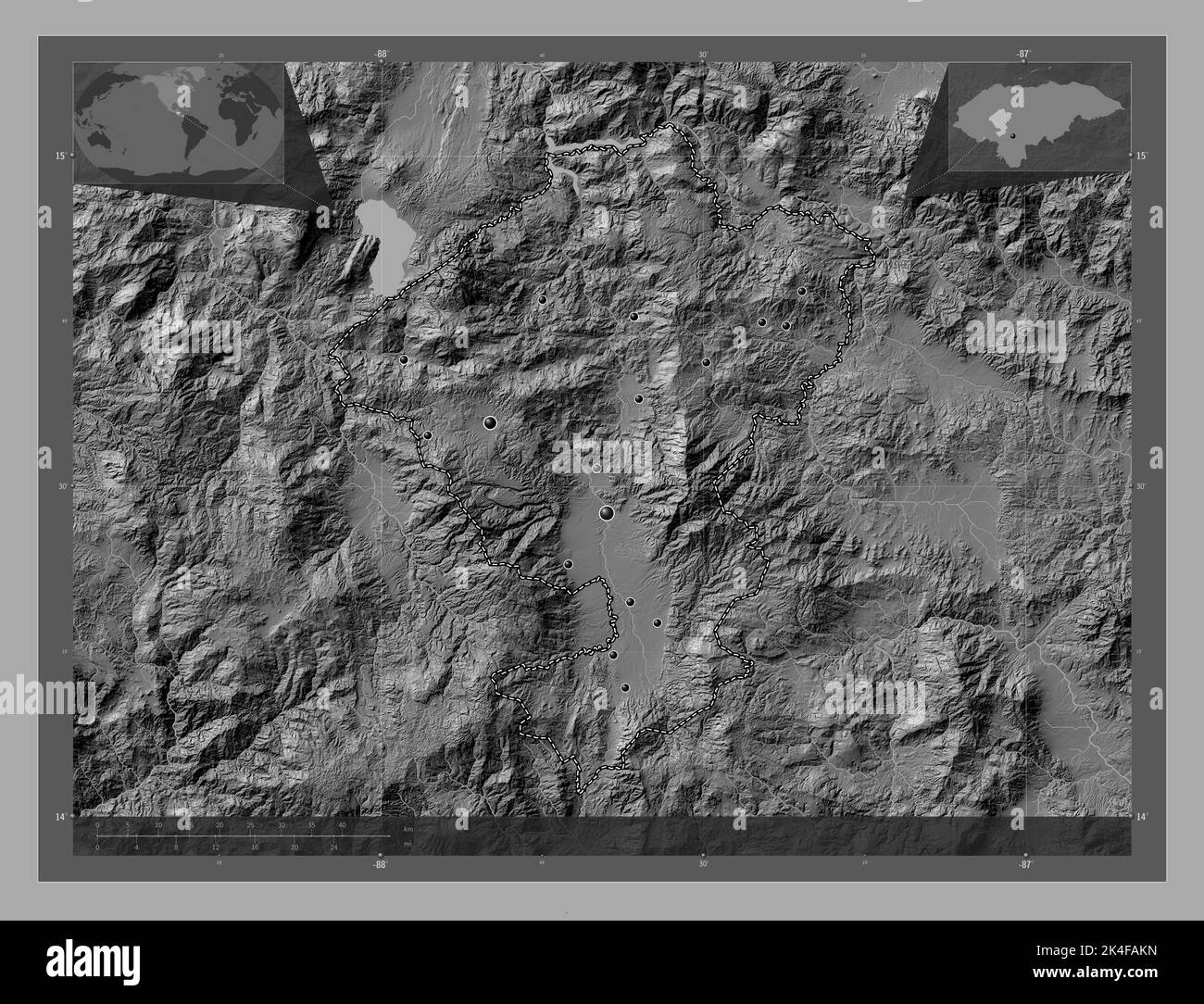 Comayagua, department of Honduras. Bilevel elevation map with lakes and ...