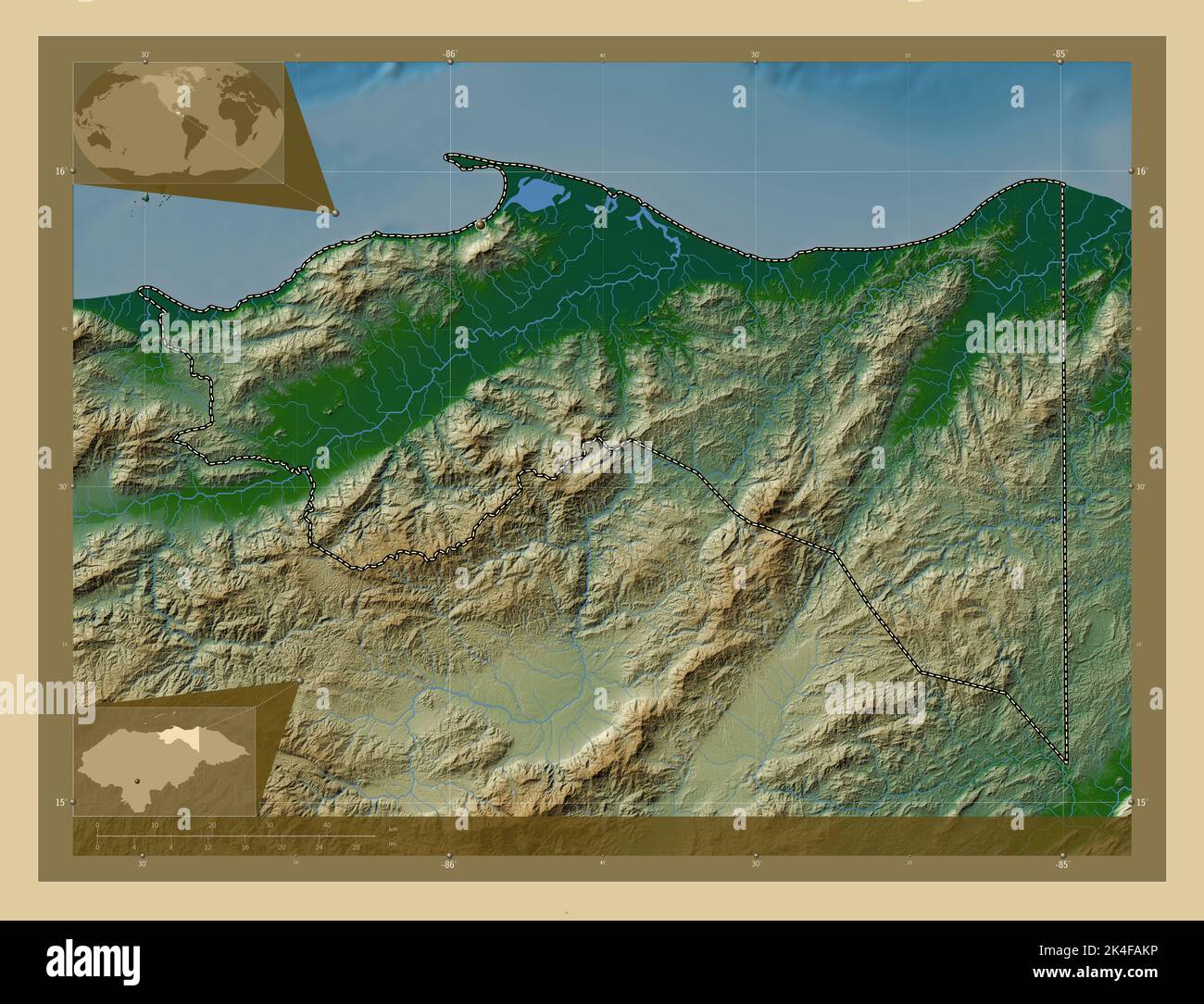 Colon, department of Honduras. Colored elevation map with lakes and ...