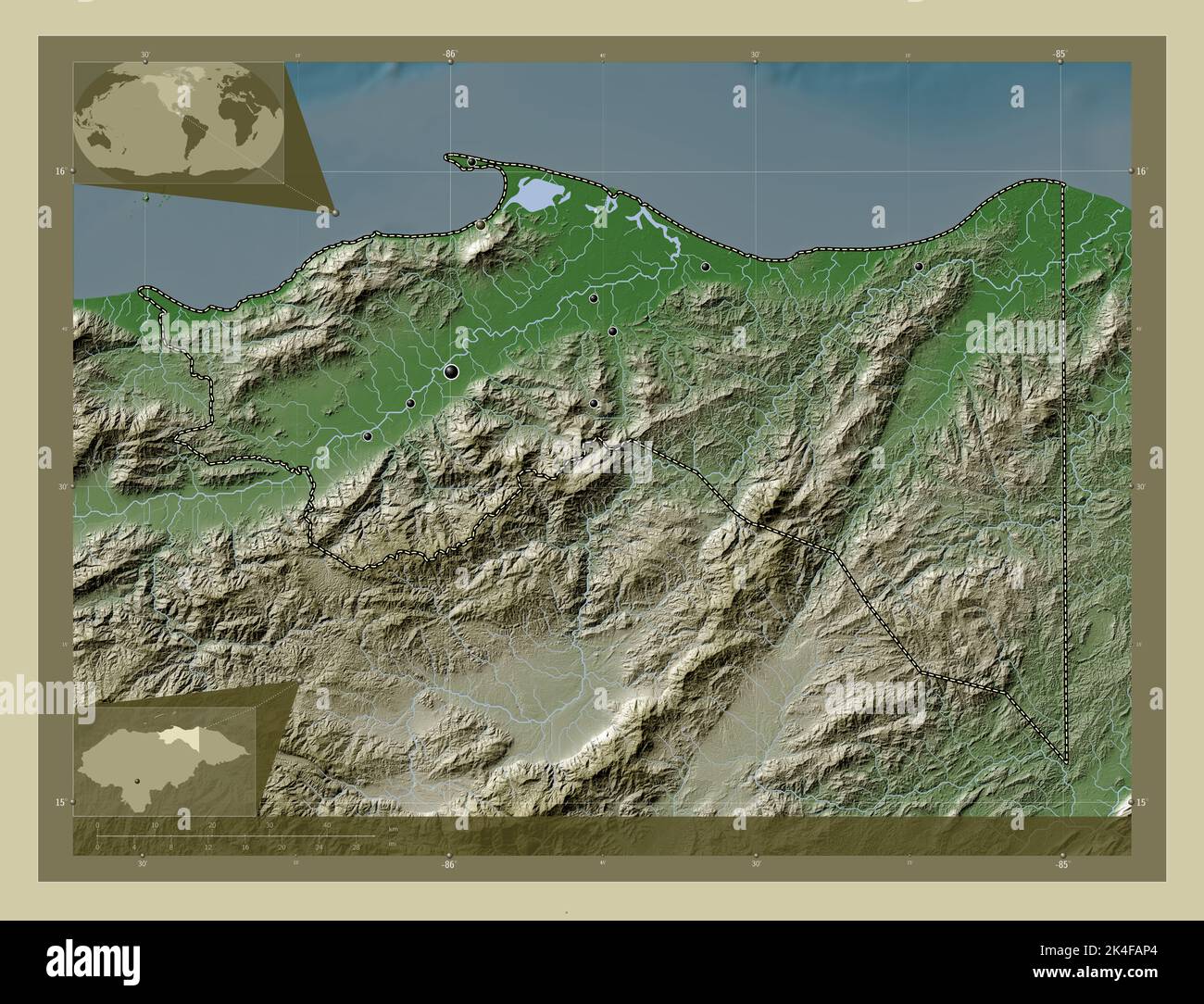 Colon, department of Honduras. Elevation map colored in wiki style with lakes and rivers ...