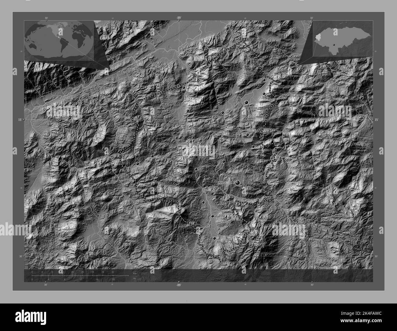Copan, department of Honduras. Bilevel elevation map with lakes and ...