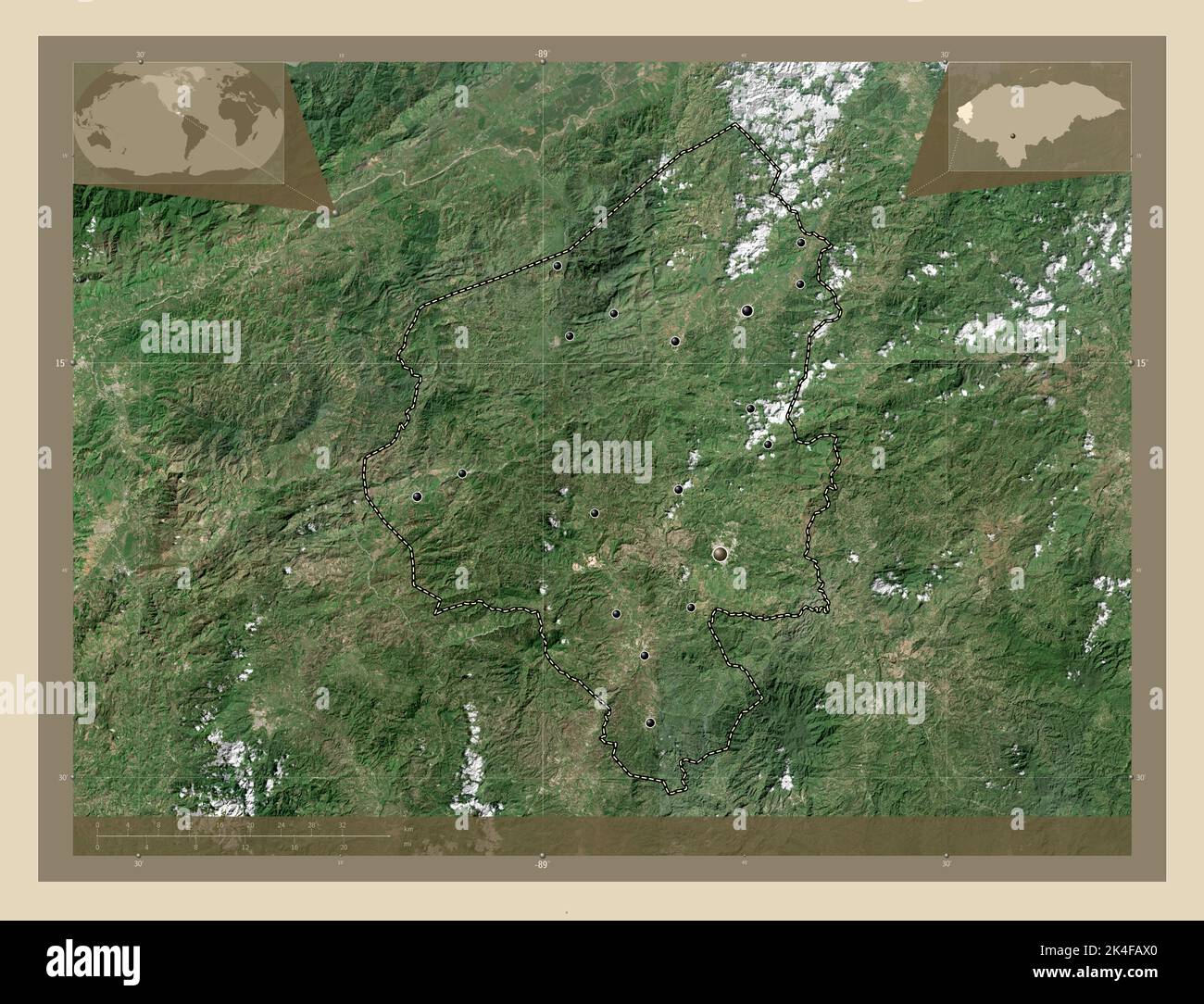 Copan, department of Honduras. High resolution satellite map. Locations ...