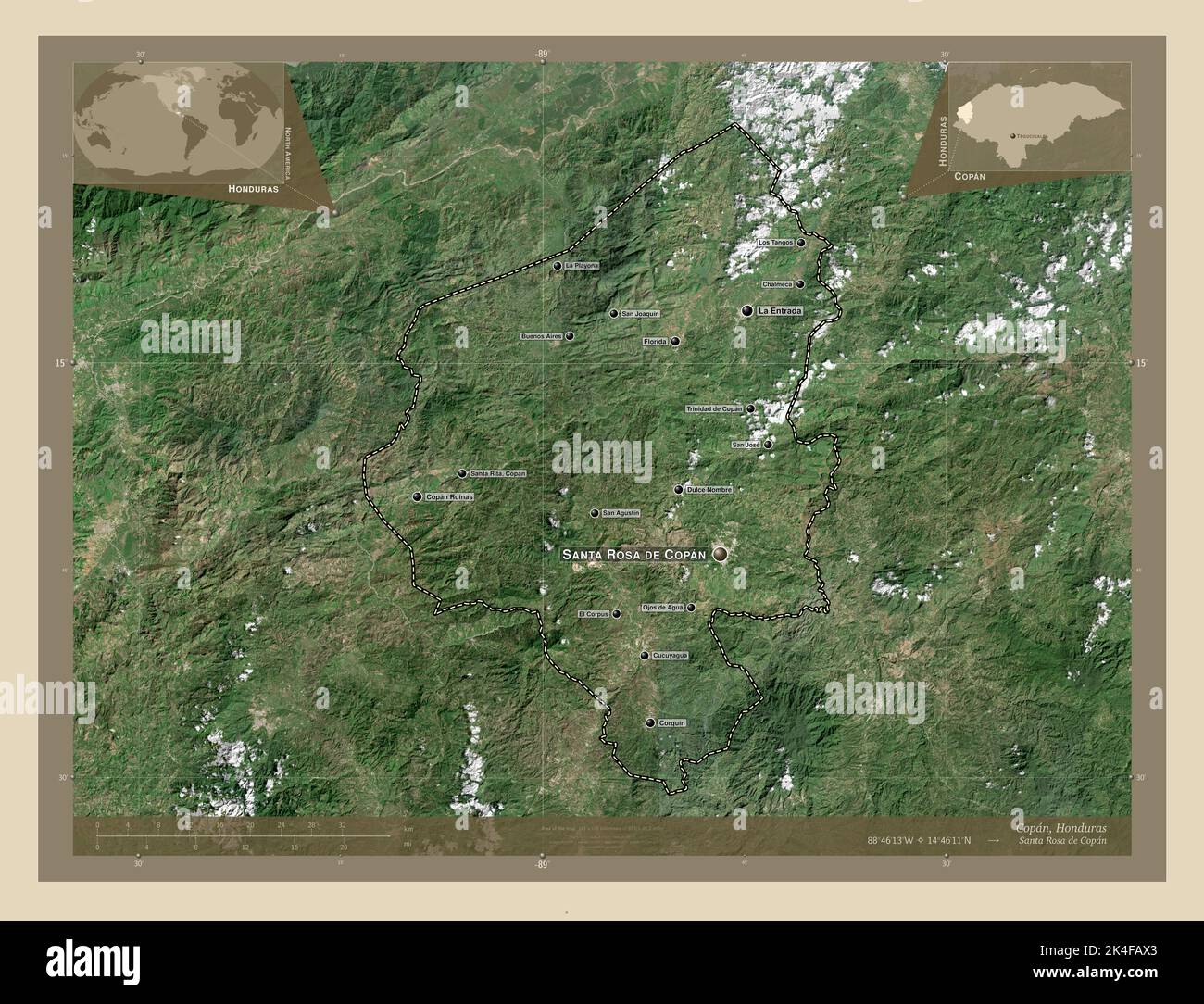 Copan, department of Honduras. High resolution satellite map. Locations ...