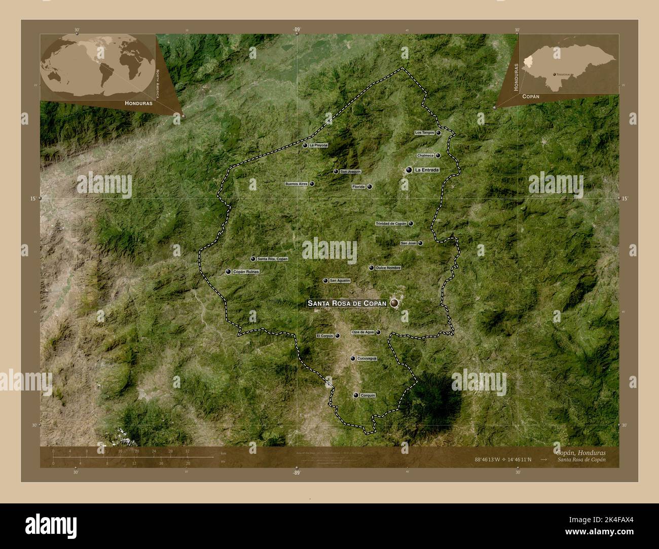 Copan, department of Honduras. Low resolution satellite map. Locations ...