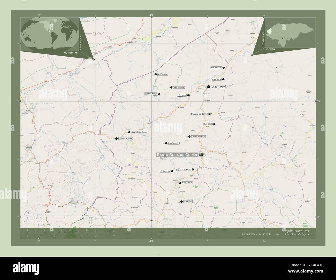 Copan, department of Honduras. Open Street Map. Locations and names of ...