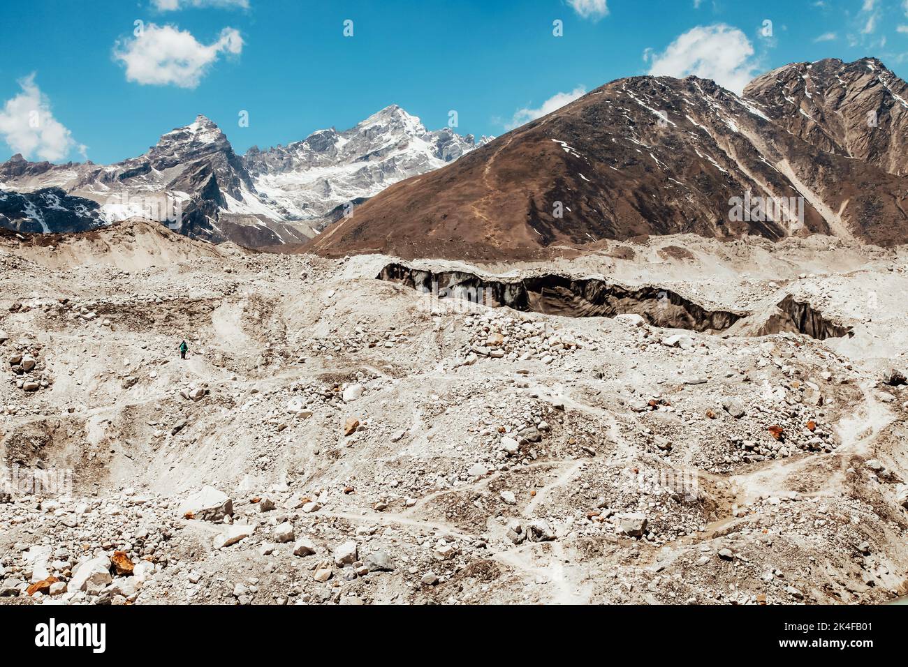 Epic Khumbu Glacier on the way to Everest Base Camp in Himalaya mountains. EBS Trekking Route ...