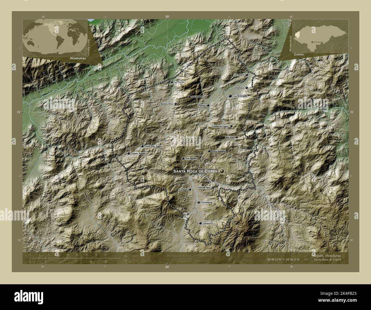 Copan, department of Honduras. Elevation map colored in wiki style with ...