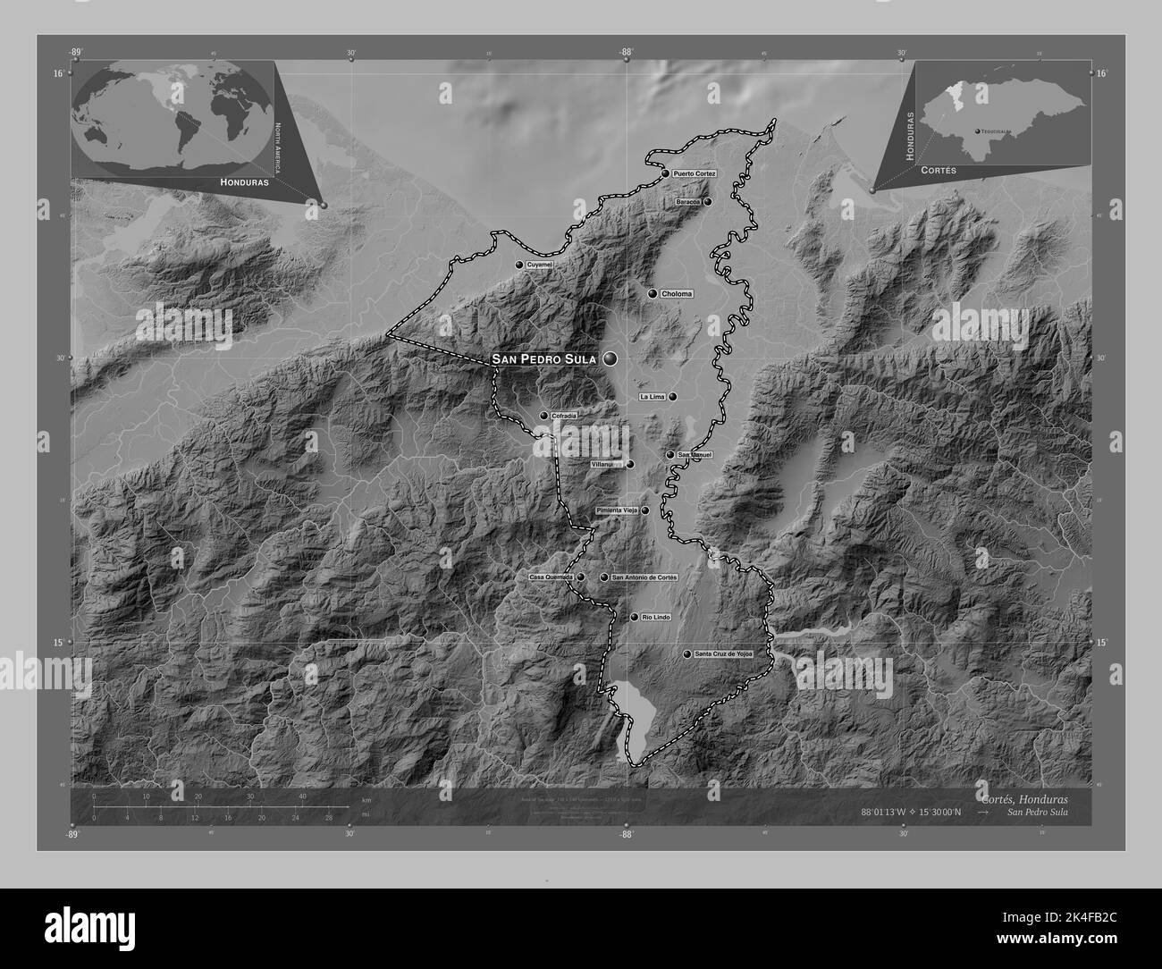 Cortes, department of Honduras. Grayscale elevation map with lakes and ...