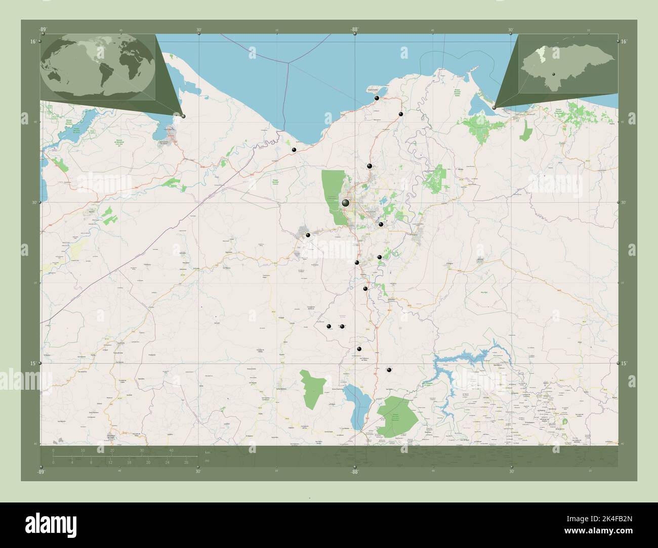 Cortes, department of Honduras. Open Street Map. Locations of major ...