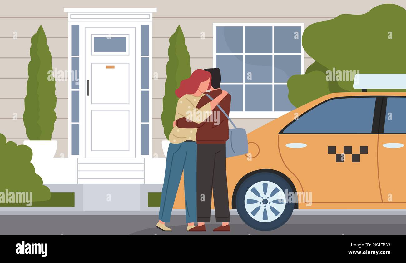 Leaving out home. Husband says goodbye to wife on house threshold, taxi ...