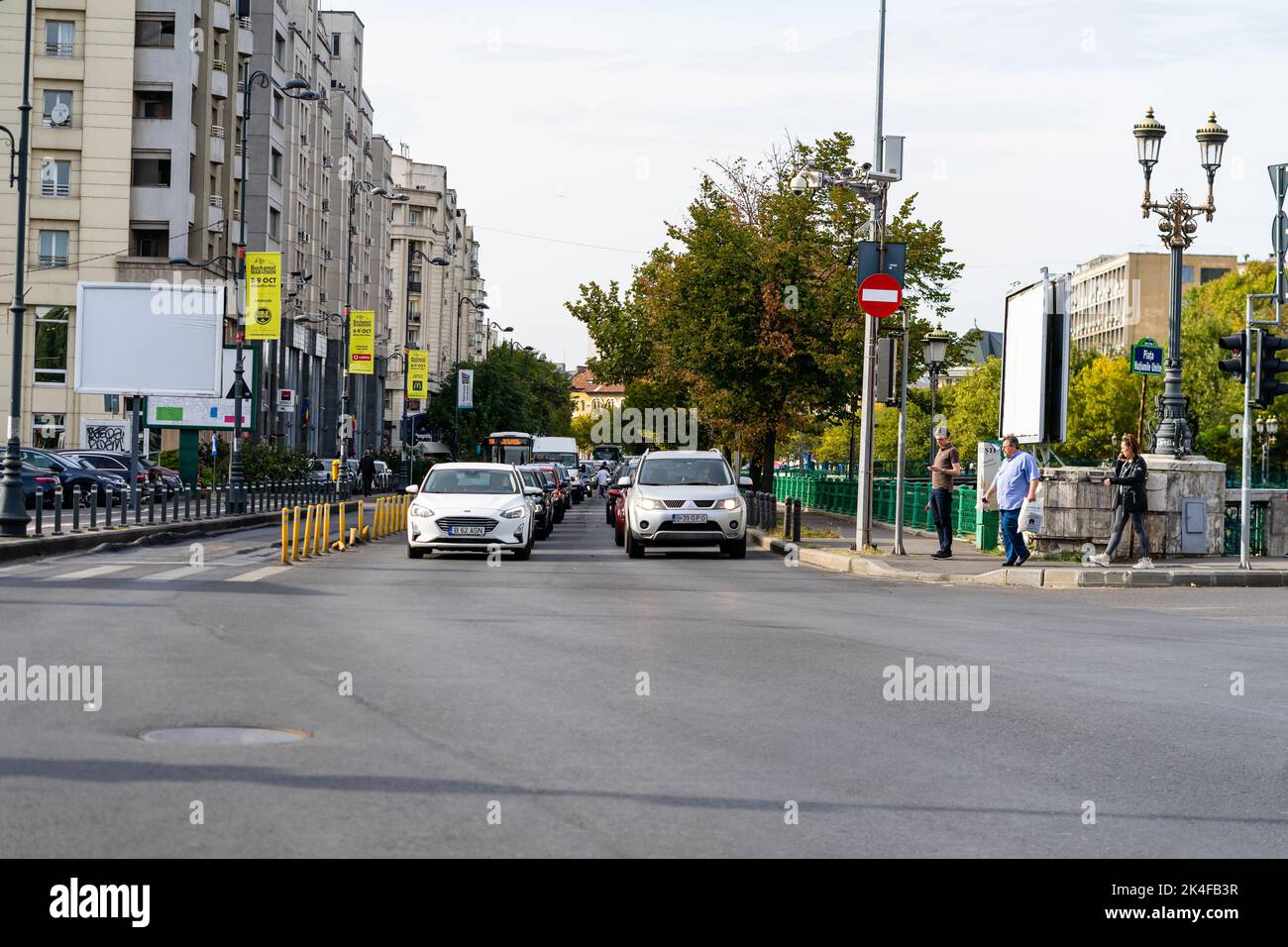 Car traffic at rush hour. Car pollution, traffic jam in Bucharest ...