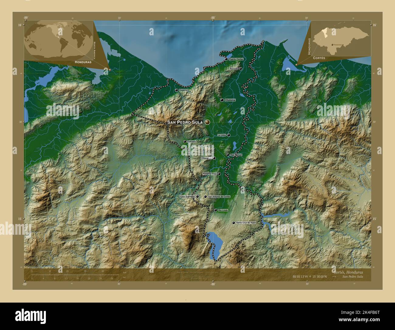 Cortes, department of Honduras. Colored elevation map with lakes and ...