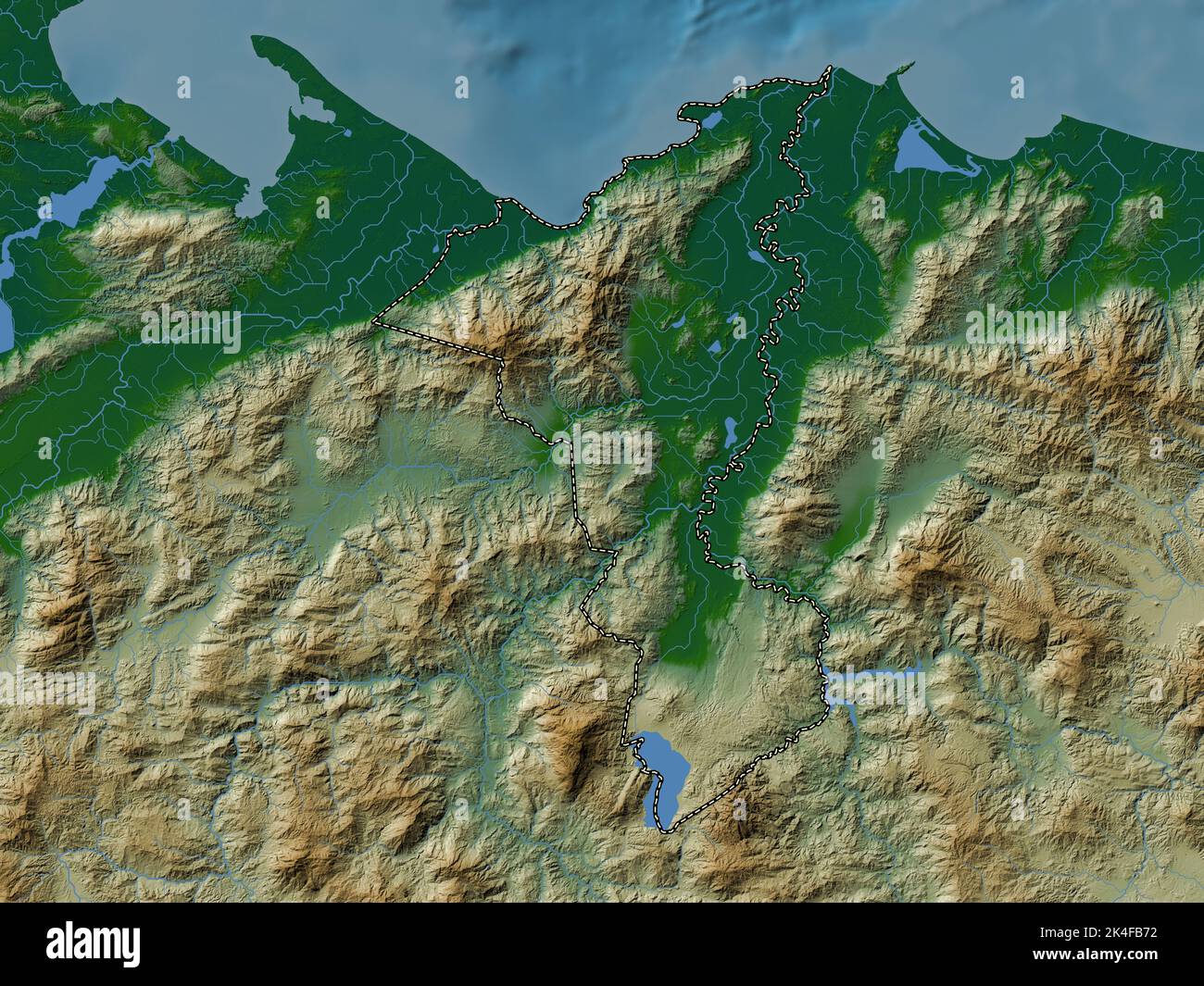 Cortes, department of Honduras. Colored elevation map with lakes and ...