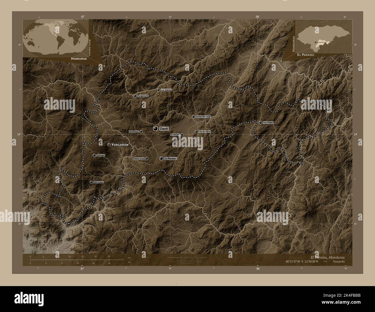 El Paraiso, department of Honduras. Elevation map colored in sepia ...
