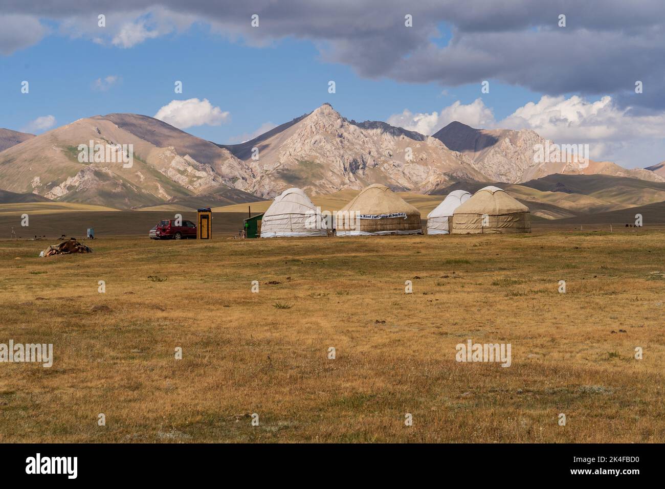 Scenic nomadic tourist yurt camp on the plains of Song Kul Lake ...