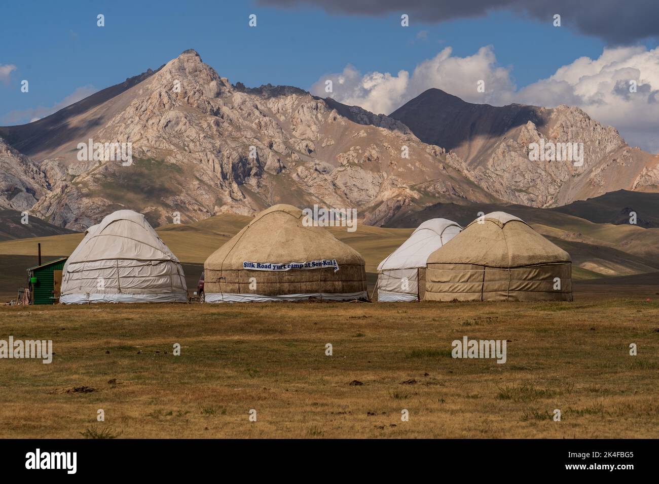 Scenic nomadic tourist yurt camp on the plains of Song Kul Lake ...