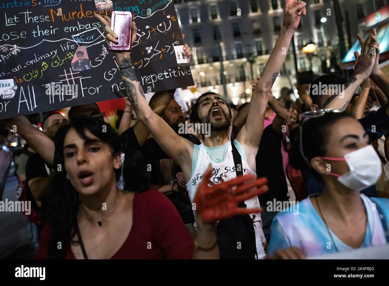 Anthens, Greece. 01st Oct, 2022. Protesters chant slogans during the ...