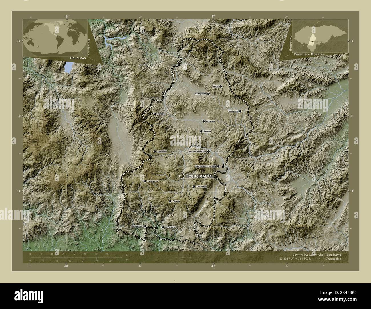 Francisco Morazan, department of Honduras. Elevation map colored in ...
