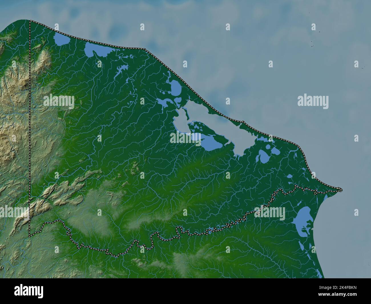 Gracias a Dios, department of Honduras. Colored elevation map with lakes and rivers Stock Photo ...