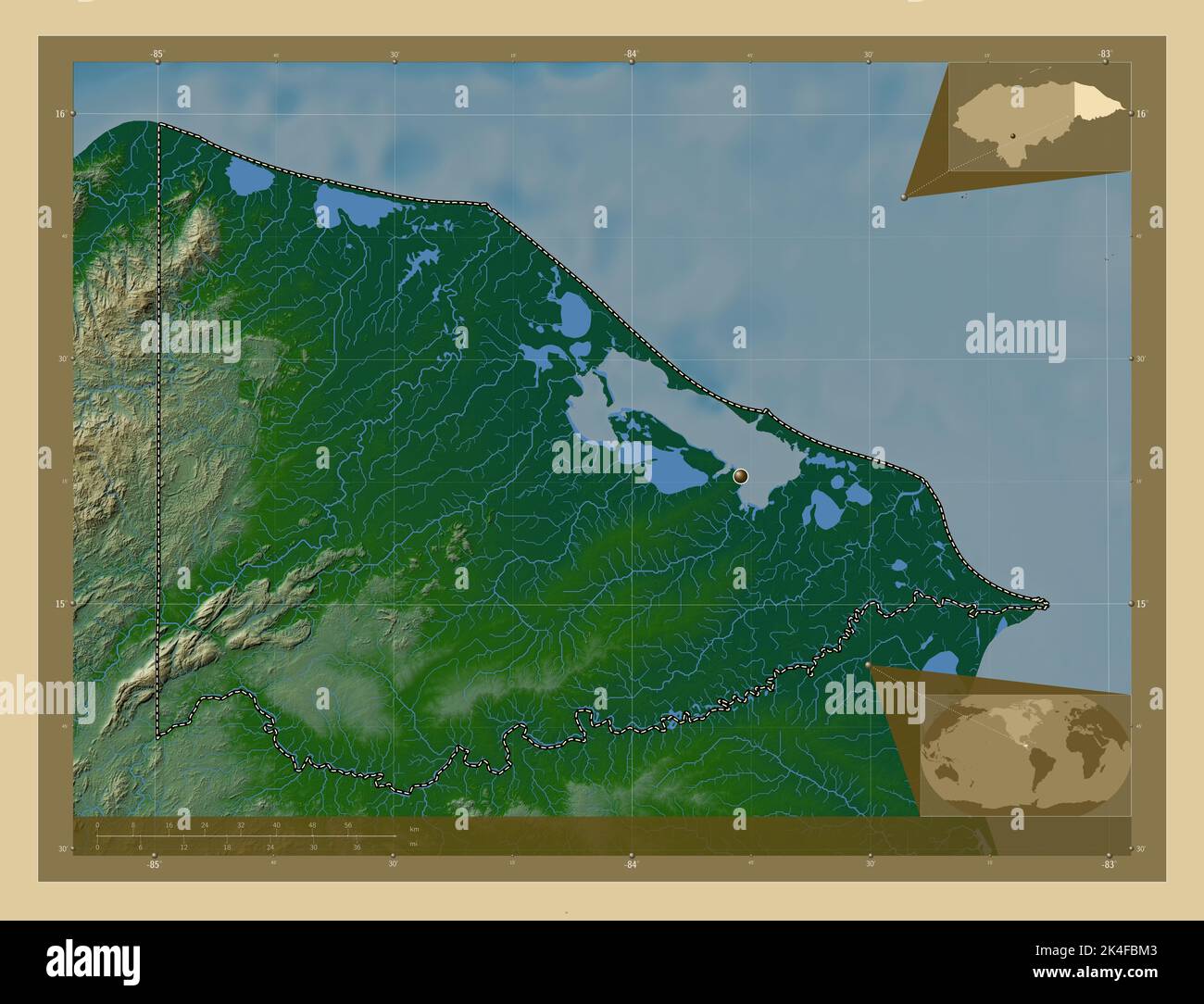 Gracias a Dios, department of Honduras. Colored elevation map with ...