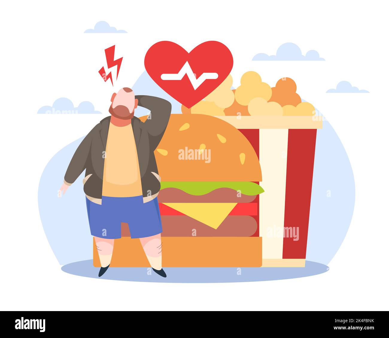 Problems overweight people, unhealthy diet. Fat man with huge hamburger ...