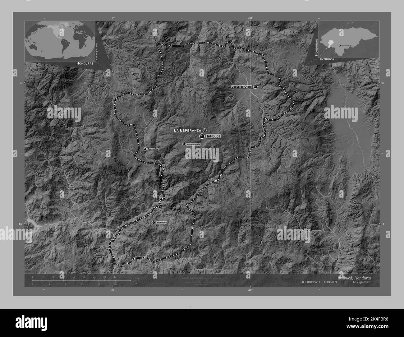 Intibuca, department of Honduras. Grayscale elevation map with lakes ...