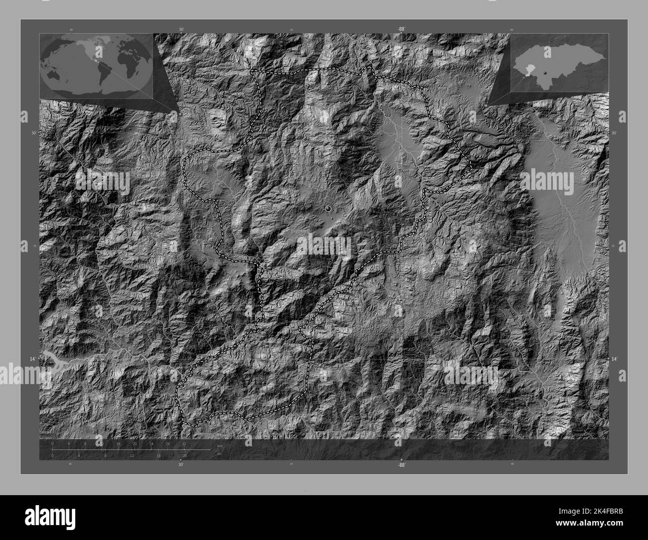 Intibuca, department of Honduras. Bilevel elevation map with lakes and ...