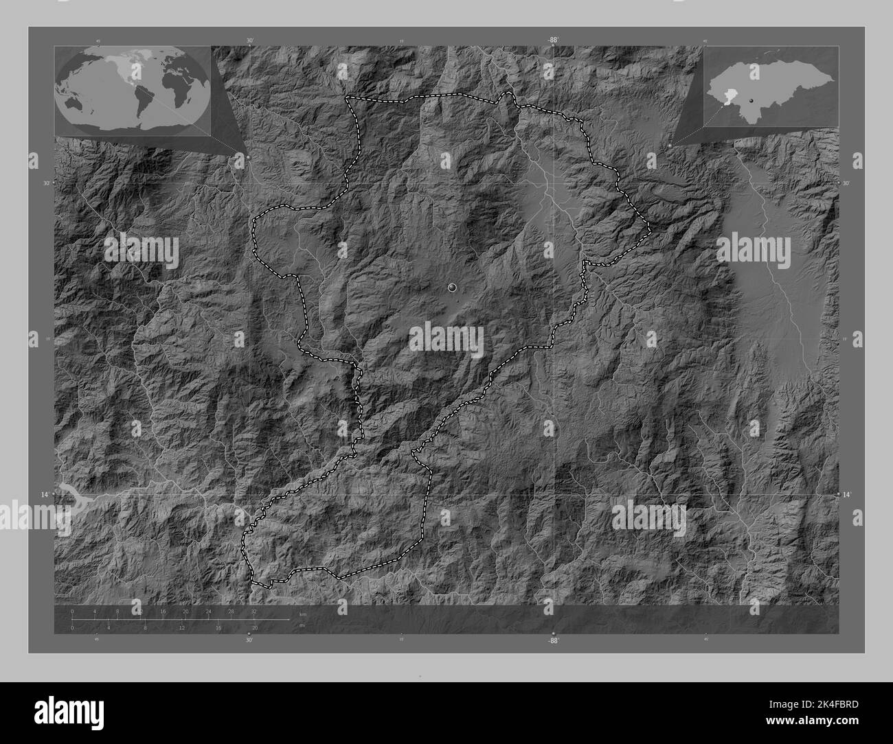 Intibuca, department of Honduras. Grayscale elevation map with lakes ...