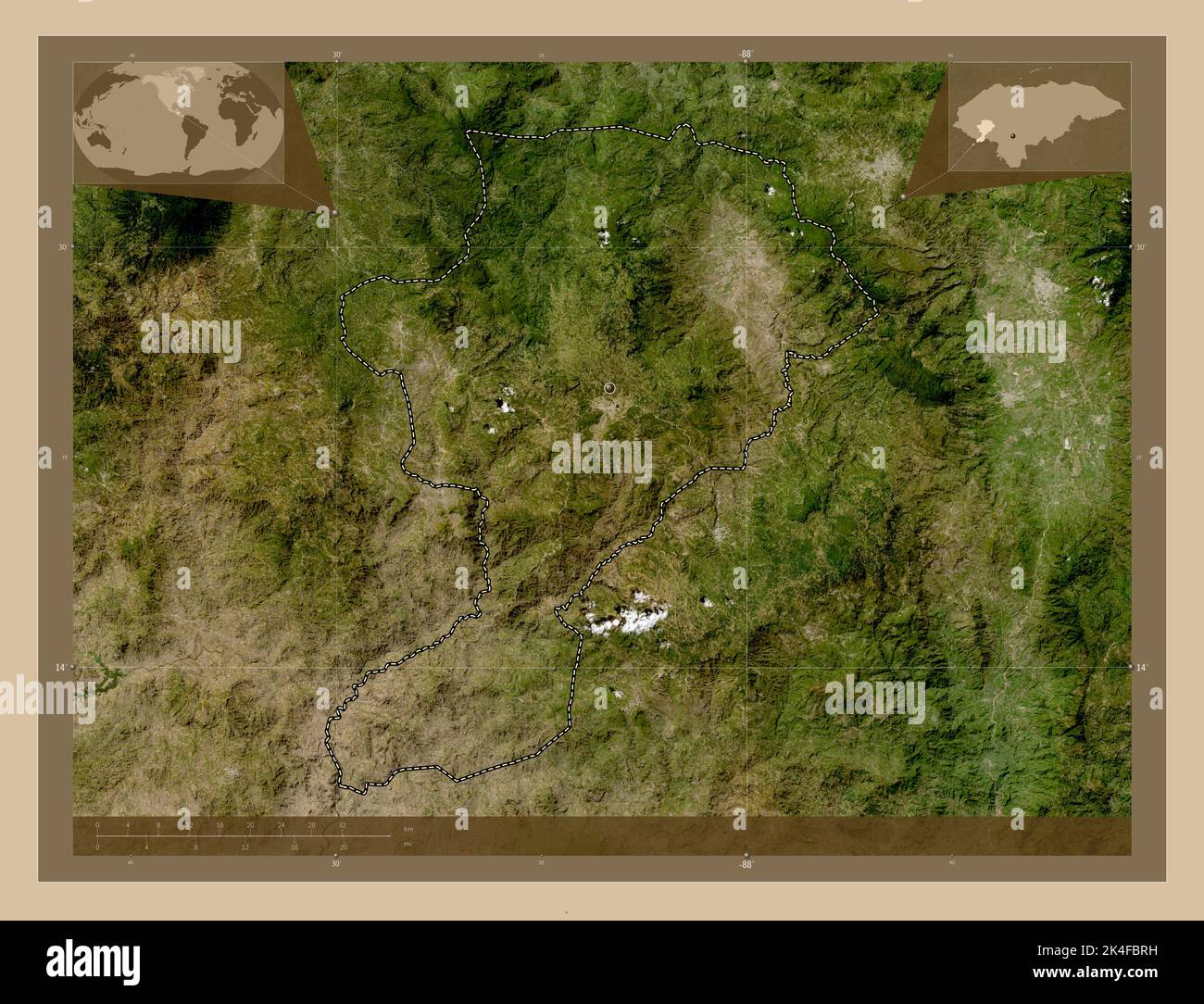 Intibuca, department of Honduras. Low resolution satellite map. Corner ...