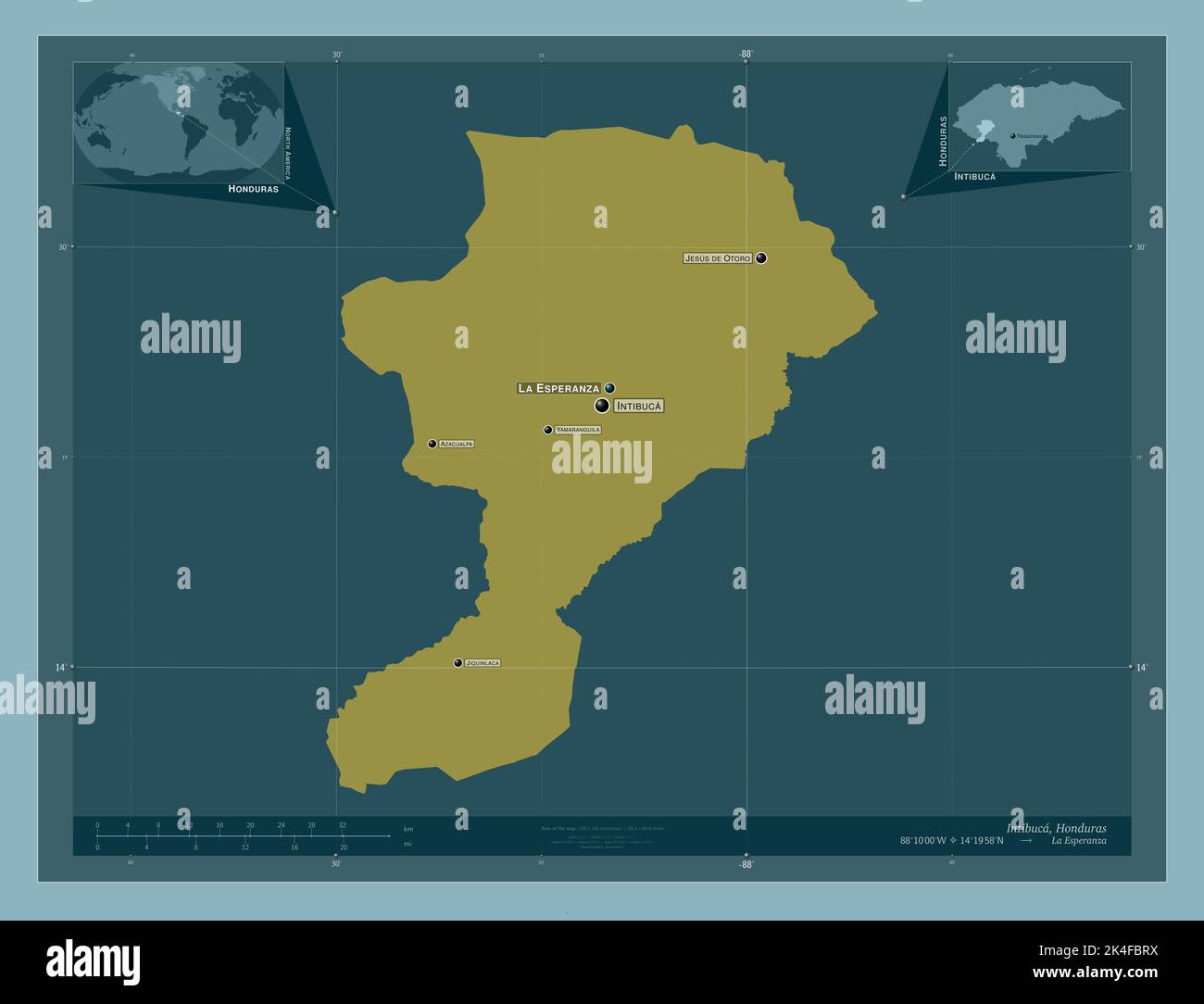 Intibuca, department of Honduras. Solid color shape. Locations and ...