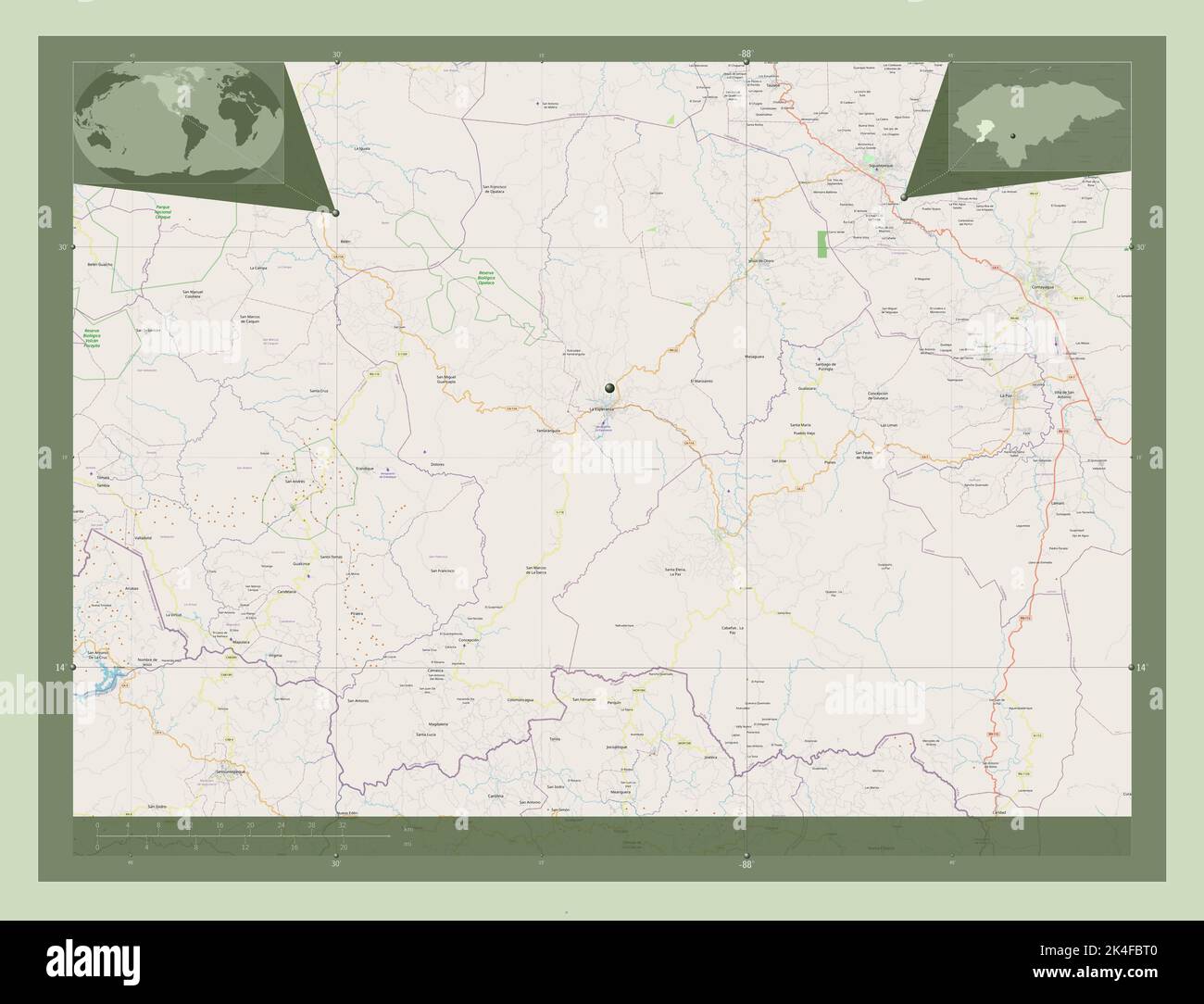 Intibuca, department of Honduras. Open Street Map. Corner auxiliary ...