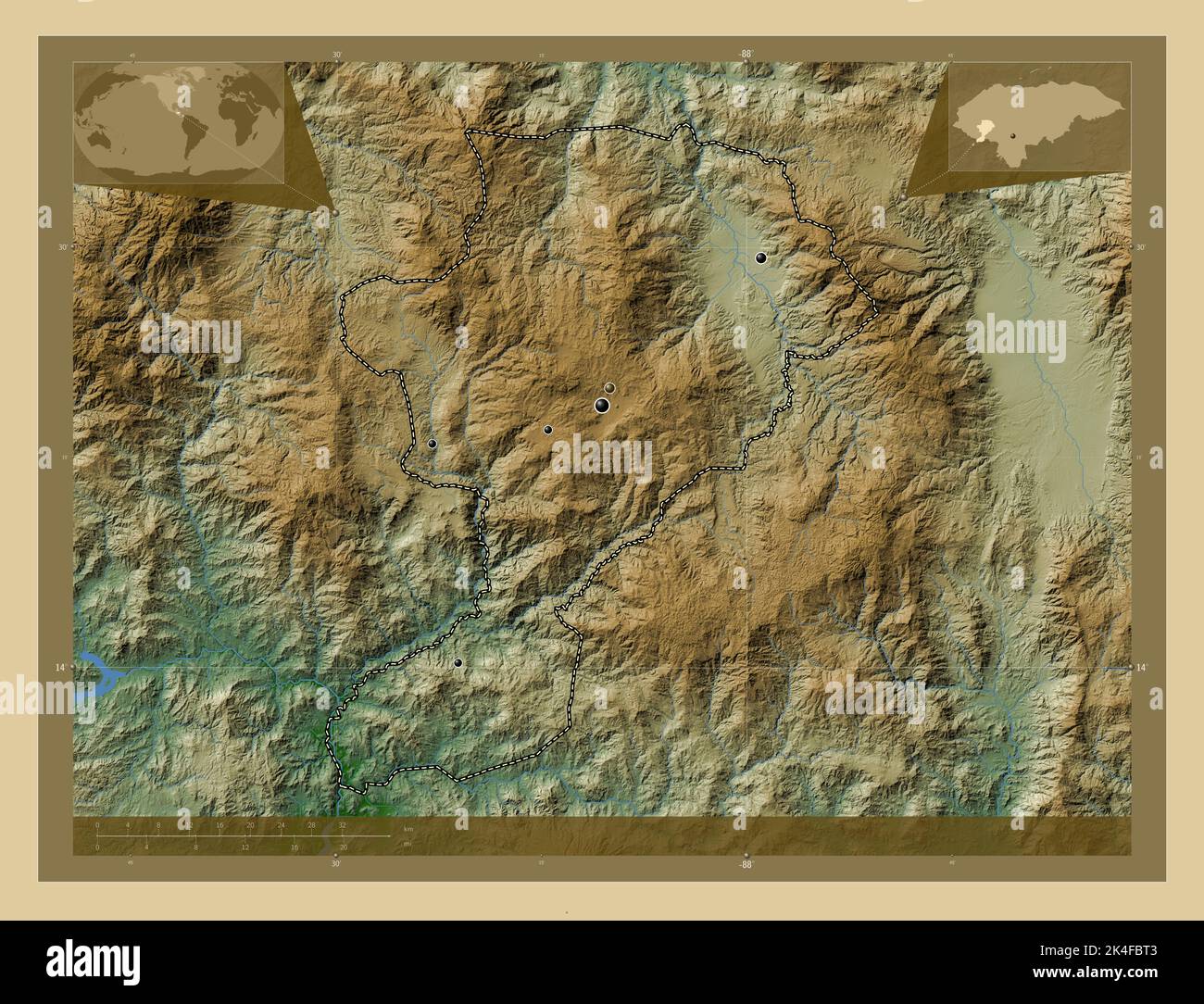 Intibuca, department of Honduras. Colored elevation map with lakes and ...
