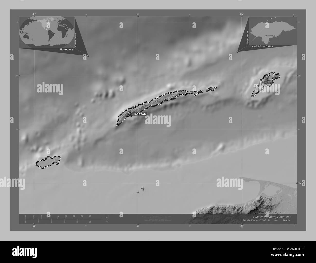 Islas de la Bahia, department of Honduras. Grayscale elevation map with ...
