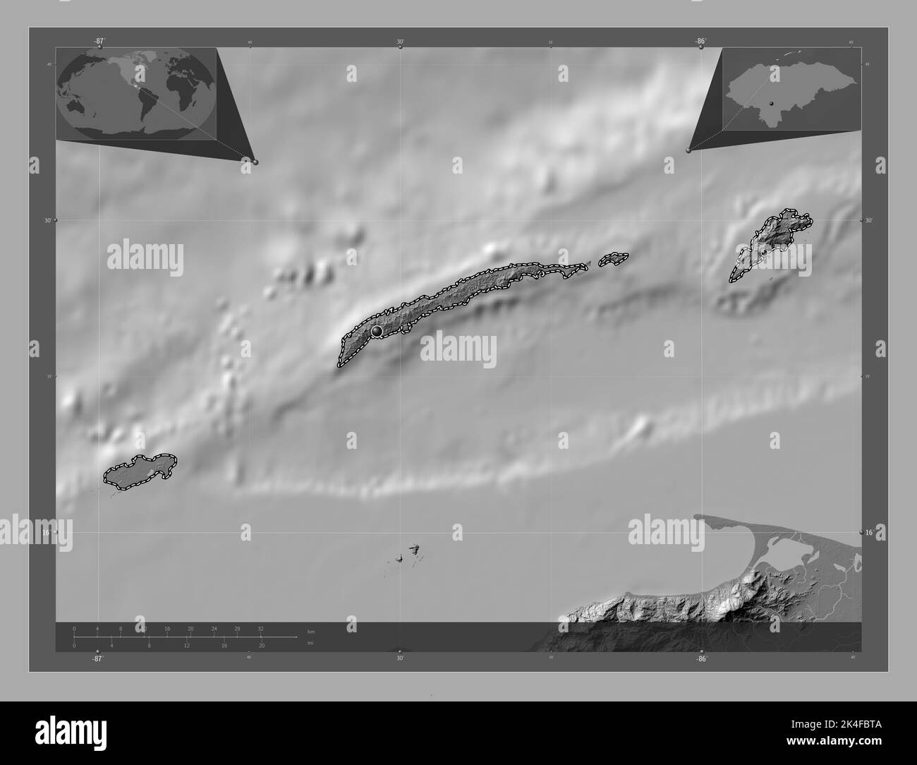 Islas de la Bahia, department of Honduras. Bilevel elevation map with ...