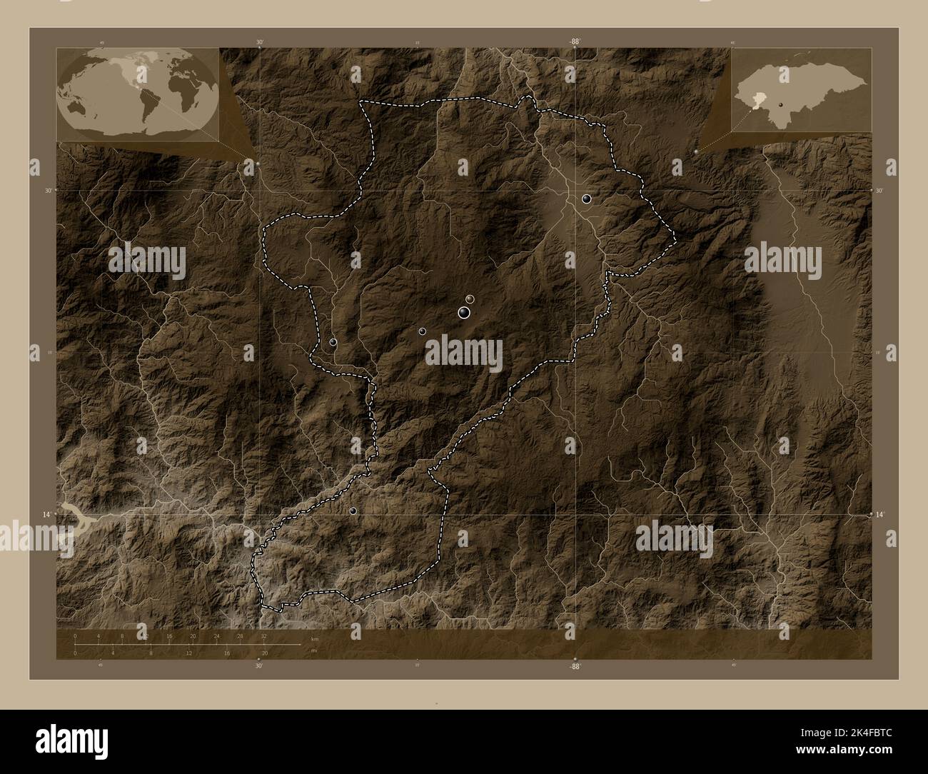 Intibuca, department of Honduras. Elevation map colored in sepia tones ...