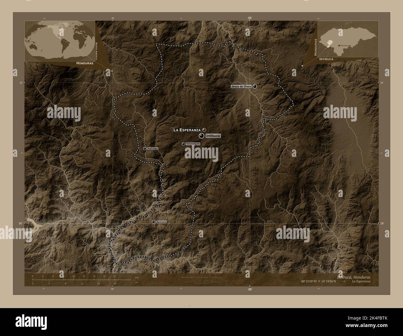Intibuca, department of Honduras. Elevation map colored in sepia tones ...