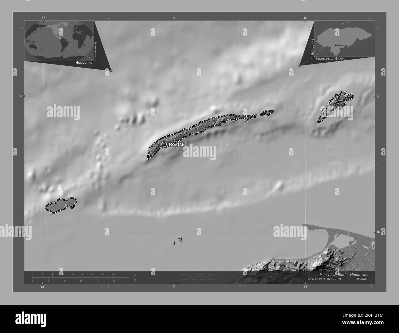 Islas de la Bahia, department of Honduras. Bilevel elevation map with ...