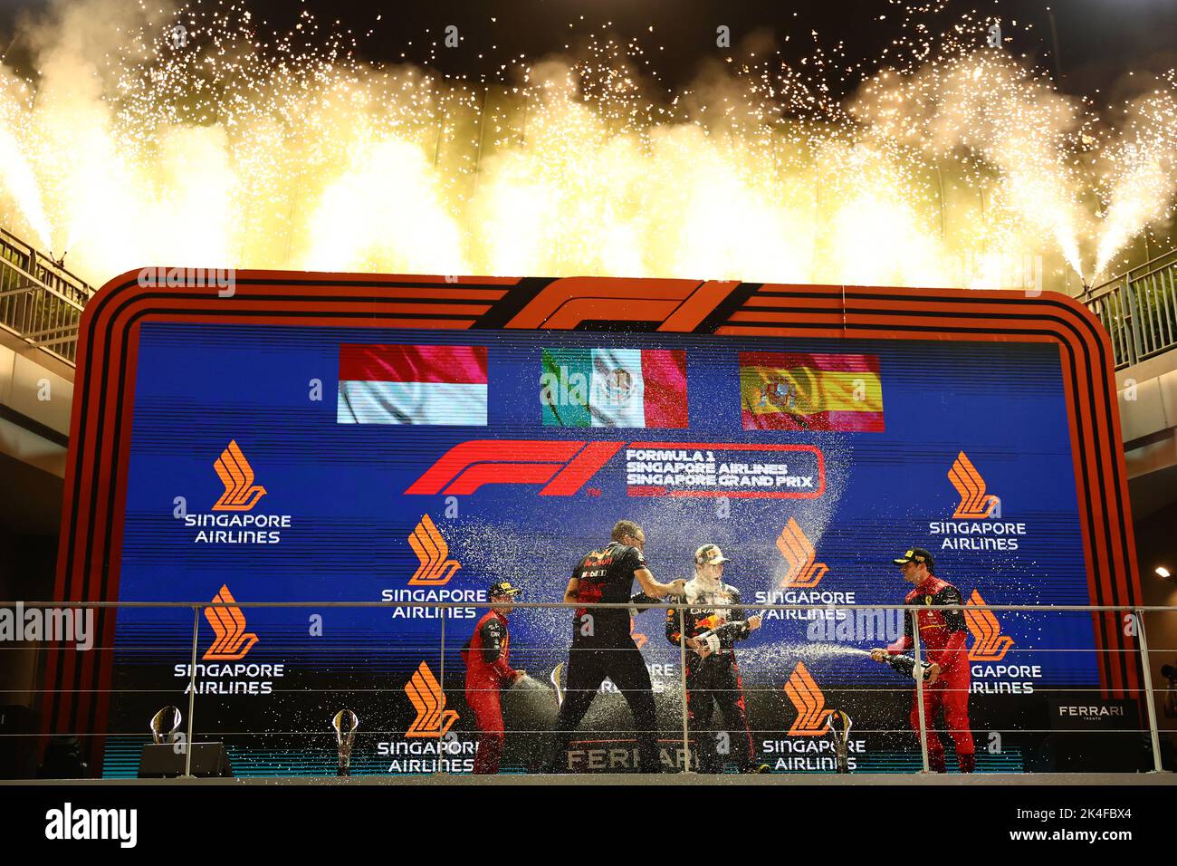 The podium (L to R): Charles Leclerc (MON) Ferrari, second; Hugh Bird ...