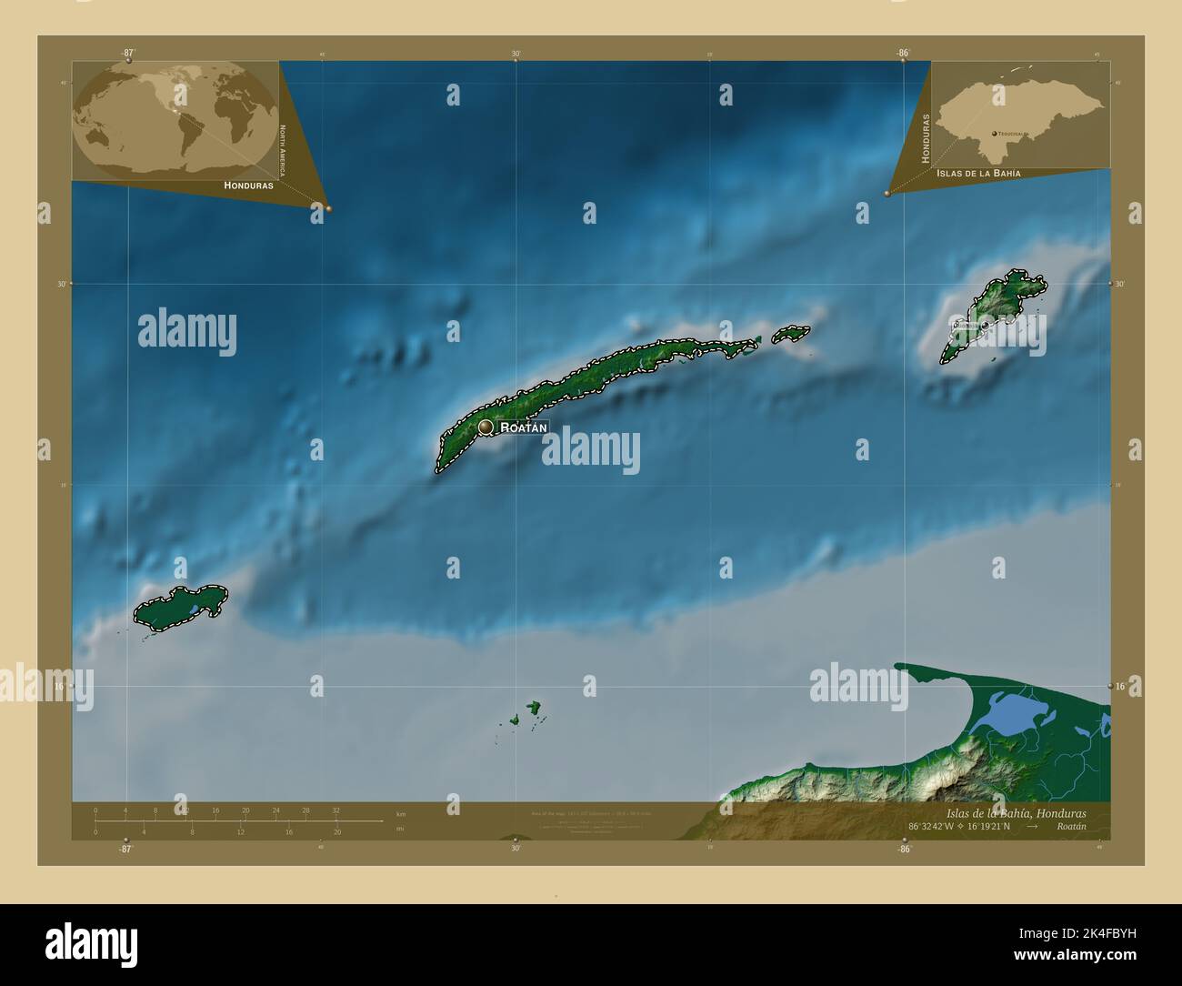 Islas de la Bahia, department of Honduras. Colored elevation map with ...