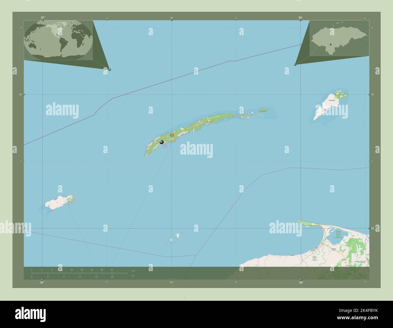 Islas de la Bahia, department of Honduras. Open Street Map. Corner auxiliary location maps Stock ...